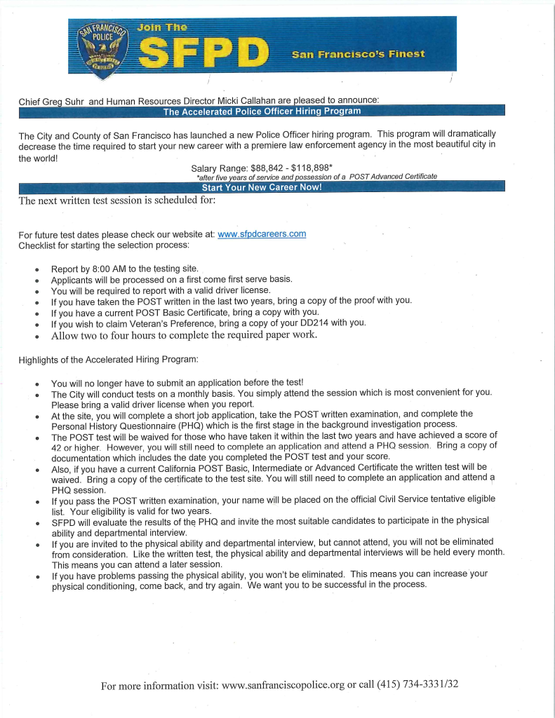 Career Opportunity – San Francisco Police Officer – Taraval Station